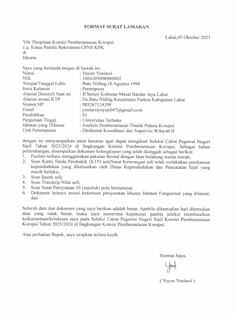 Surat Lamaran Yuyun | PDF