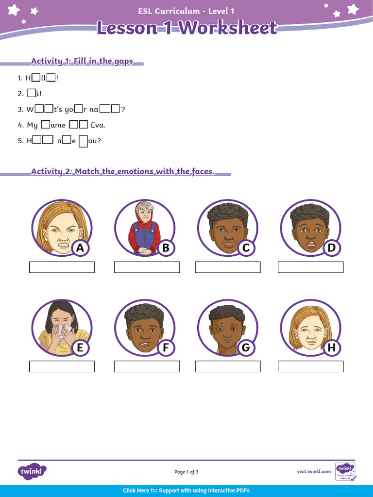 Lesson 1 - Level 1 Interactive Worksheet | PDF | English As A Second Or ...