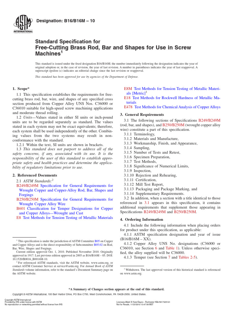 Astm B 16 | PDF | Engineering Tolerance | Brass