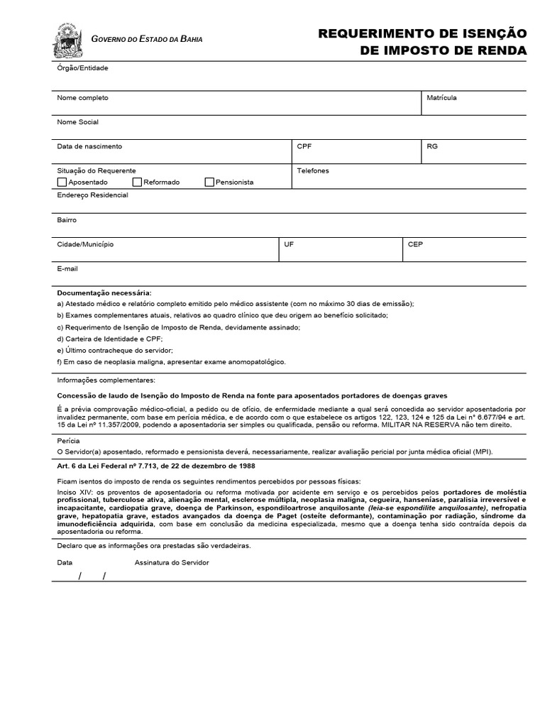 Formulário - Solicitação de Isenção de IR | PDF | Remédio | Doenças e ...