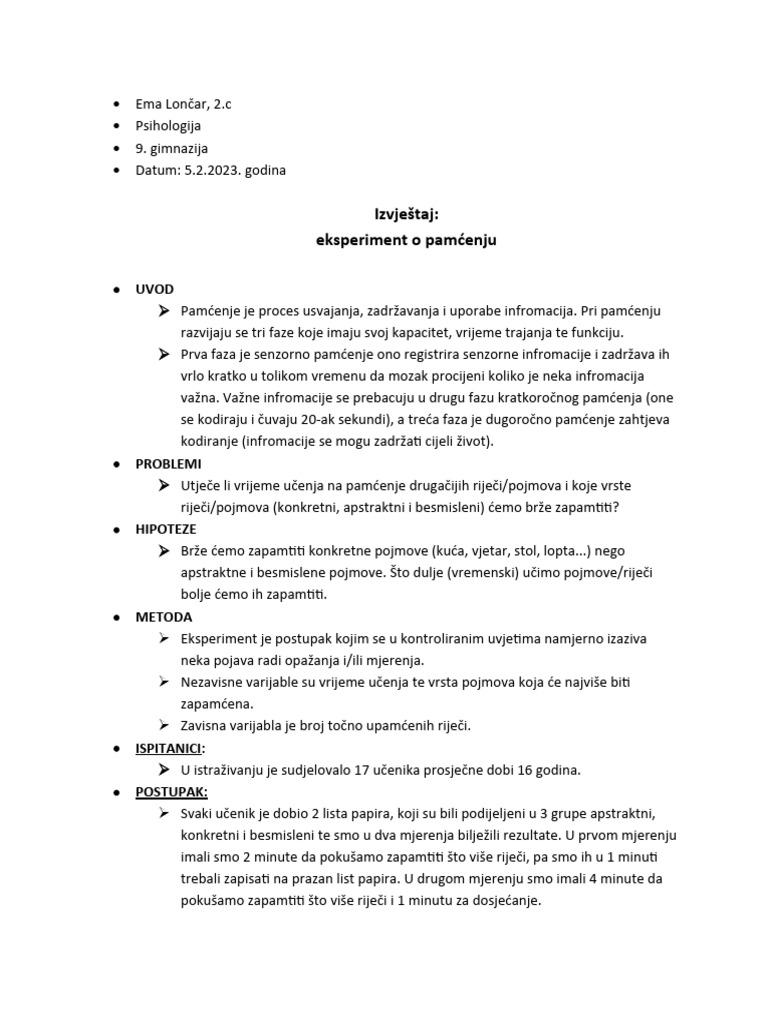 Izvjestaj Ekspreiment o Pamćenju | PDF
