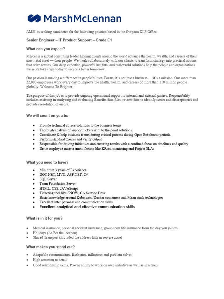 Senior IT Product Support Engineer Role | PDF