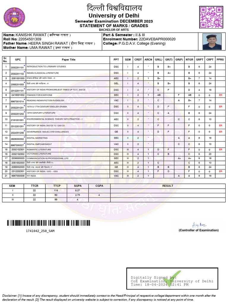 DU Semester Marks Statement 2023 | PDF | Academia
