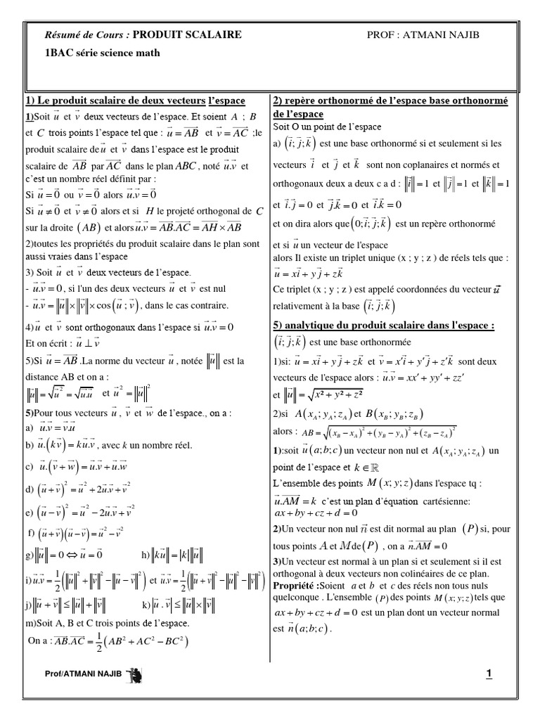 Résumé du Produit Scalaire en 1BAC | PDF | Scalaire (mathématiques ...