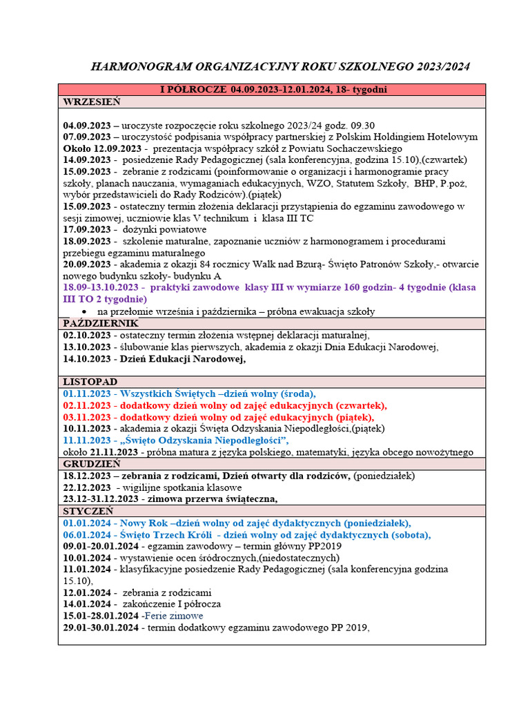 Organizacja Roku Szkolnego 2023-24 | PDF