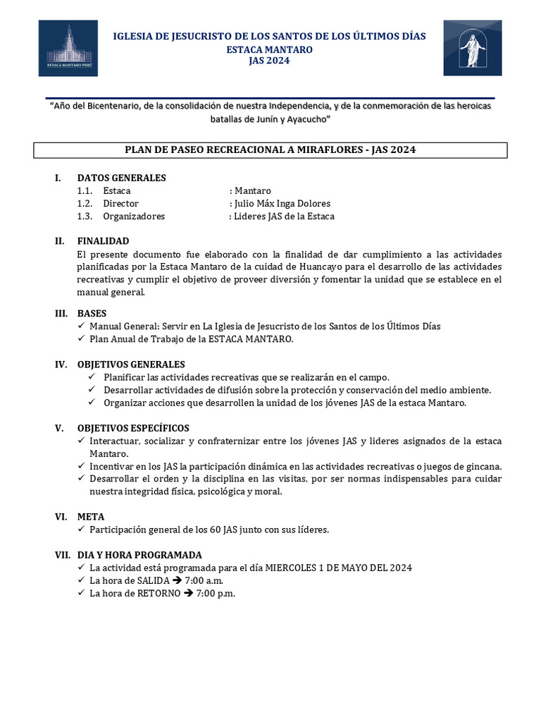 Plan de Paseo Recreacional A Miraflores - Jas 2024 | PDF