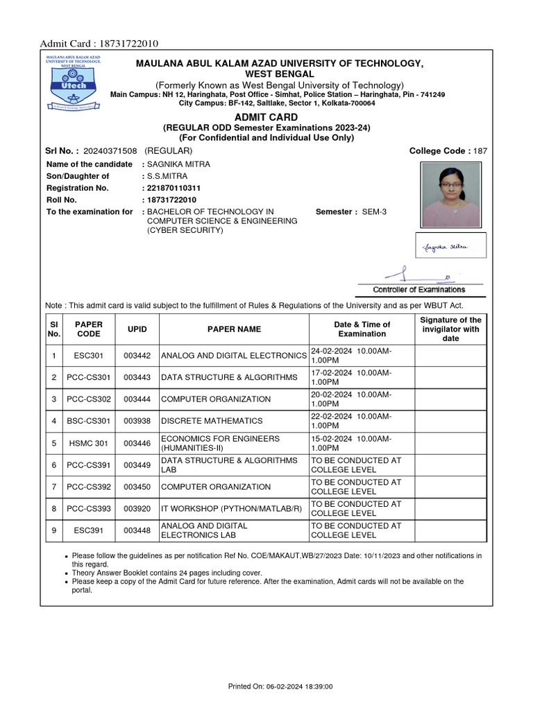 Admit Card | PDF | Information Technology | Computer Science