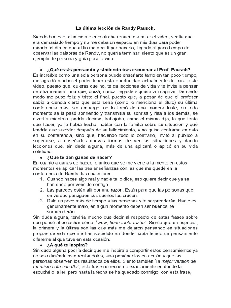 Lecciones de Vida de Randy Pausch | PDF | Crecimiento personal y ...