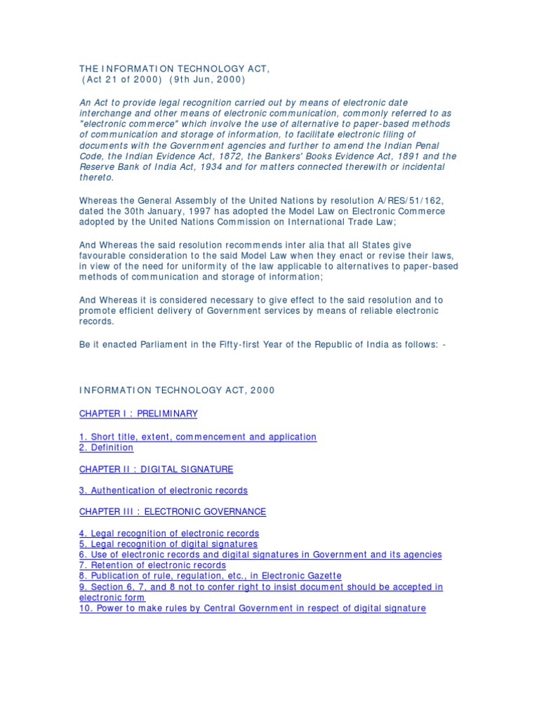 The Information Technology Act, (Act 21 of 2000) (9th Jun, 2000) | PDF | Public Key Cryptography ...
