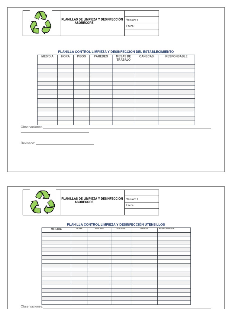 Planillas Limpieza y Desinfeccion Asorecore | PDF | Tecnología