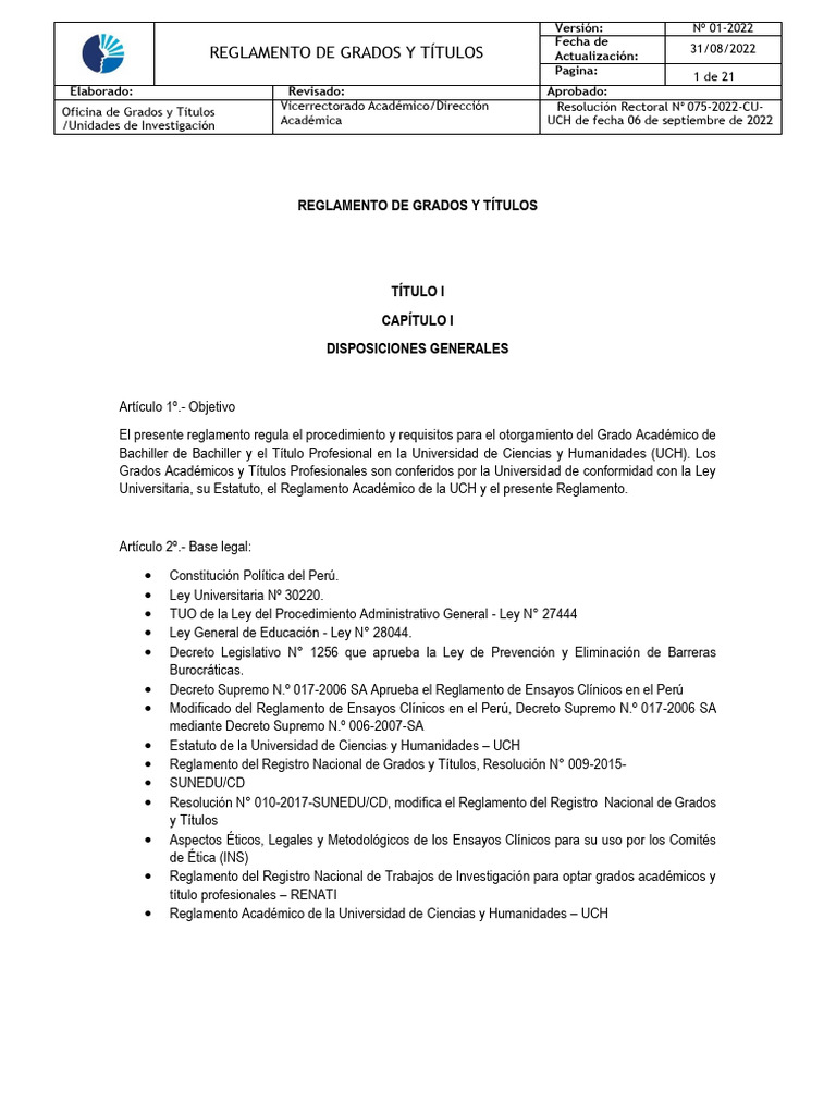 075-2022 Cu Reglamento de Grados y Titulos Final 16-09-2022 | PDF | Titulo academico | Educación ...