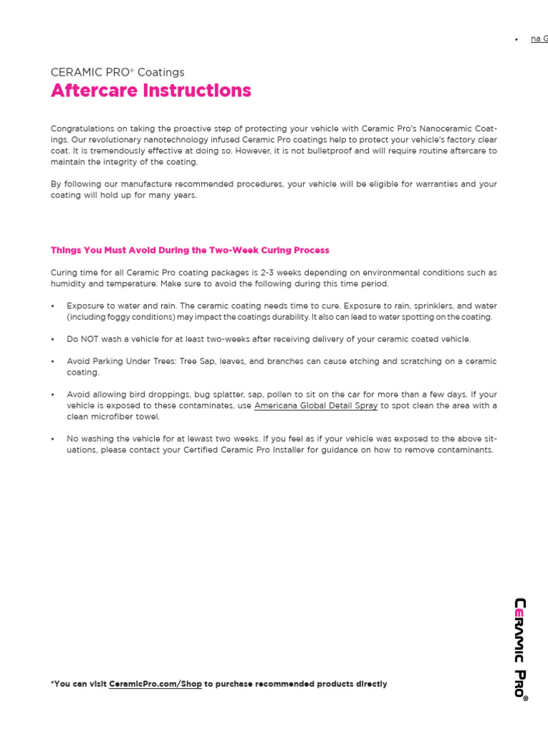 Ceramic Pro Coating Aftercare Guide | PDF | Hand Washing | Materials