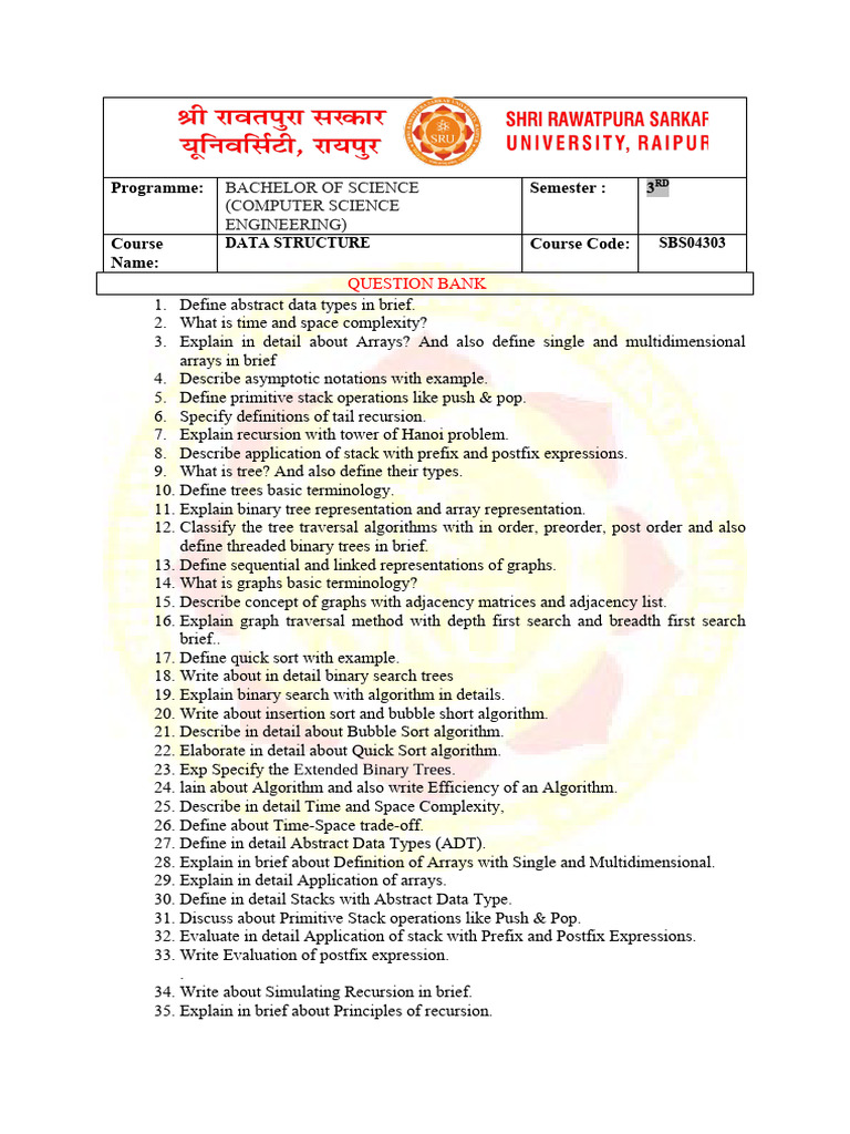 Question Bank For Bca 3RD Data Structure | PDF | Computer Science ...