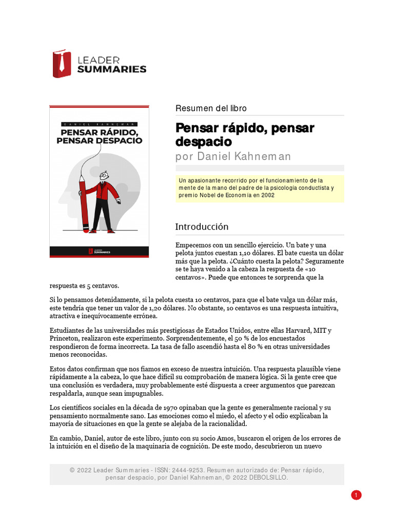 Pensar Rápido, Pensar Despacio | PDF | Pensamiento | Experiencia