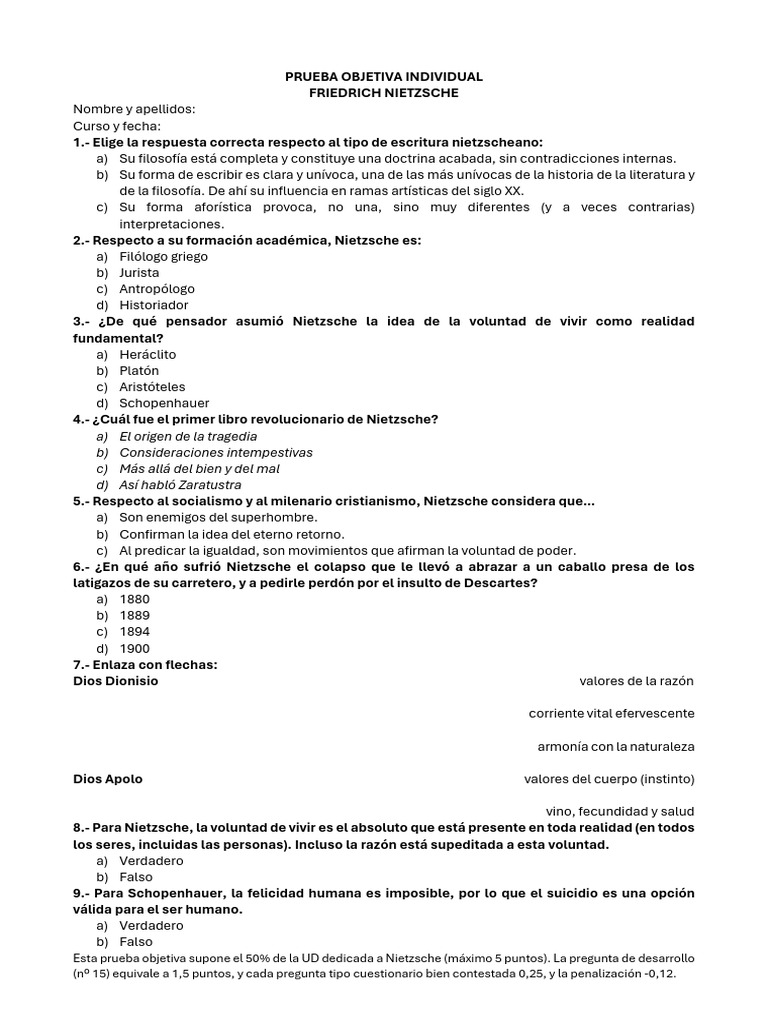 Prueba Objetiva sobre Nietzsche: Evaluación | PDF | Friedrich Nietzsche ...
