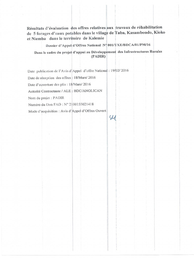 Resultats Devaluation Des Offres Du Projet PADIR | PDF