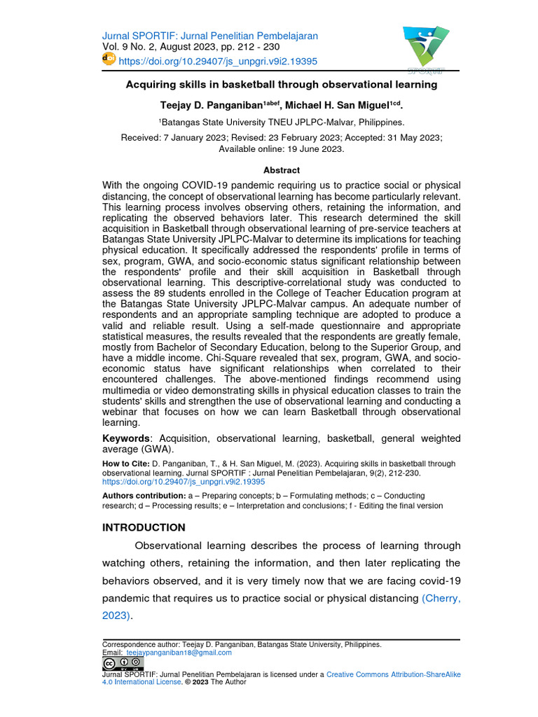 Acquiring Skills in Basketball Through Observational Learning | PDF | P ...