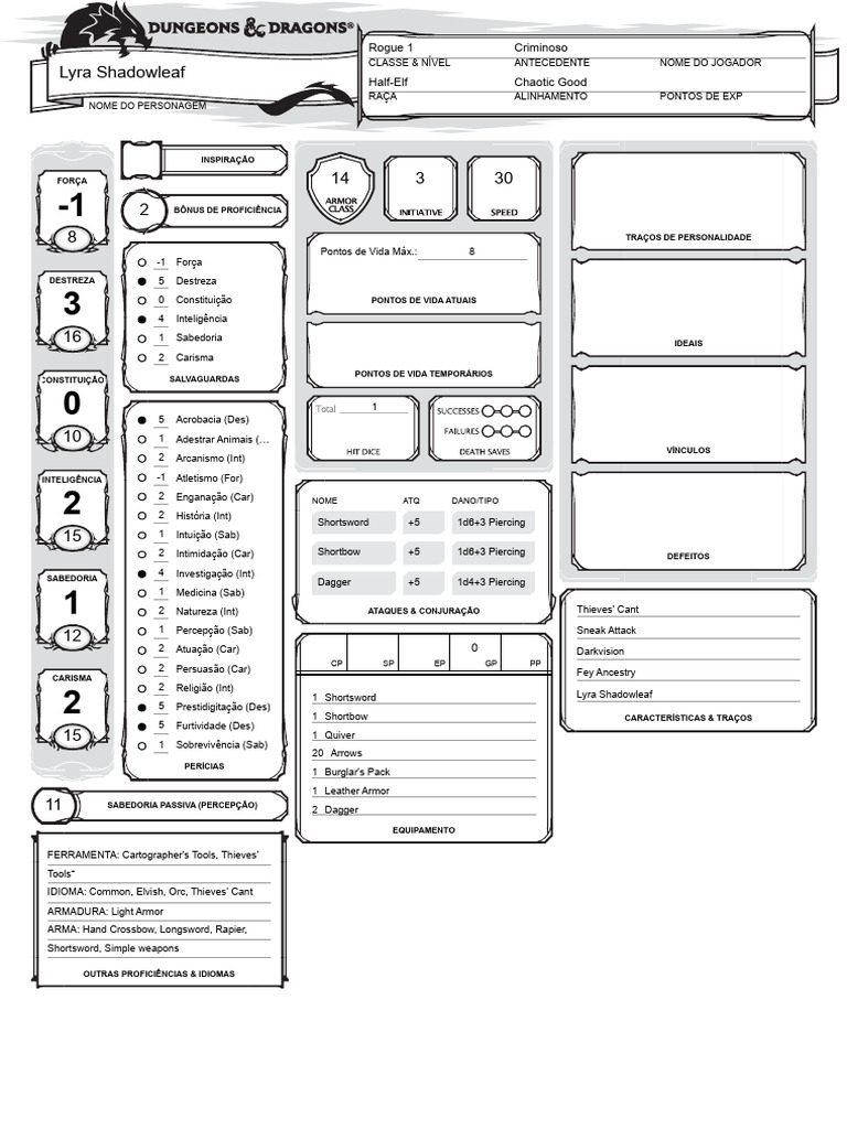 Ficha Lyra Shadowleaf - Roll20 | PDF
