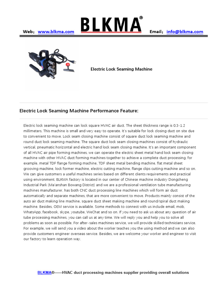 Electric Lock Seaming Machine | PDF | Duct (Flow) | Sheet Metal