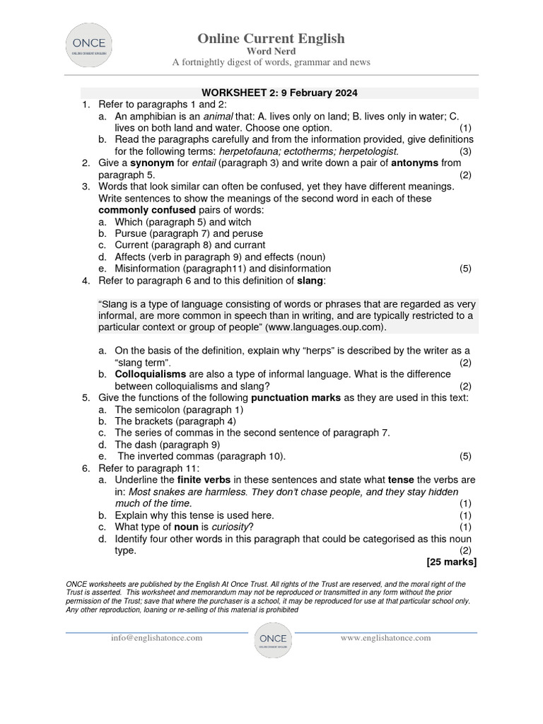 Once Word Nerd Worksheet 2 February 9 2024 | PDF | Word | Slang