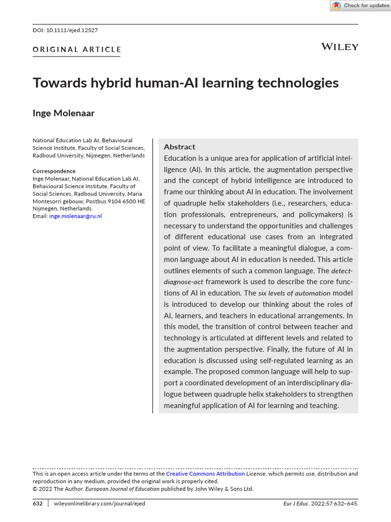 Euro J of Education - 2022 - Molenaar - Towards Hybrid Human AI Learning Technologies | PDF ...