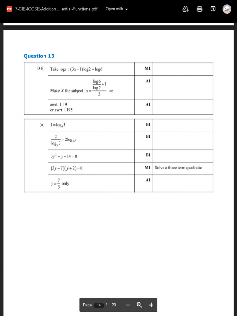7 Cie Igcse Additional Mathematics Topical Mark Scheme Logarithmic And Exponential Functions Pdf