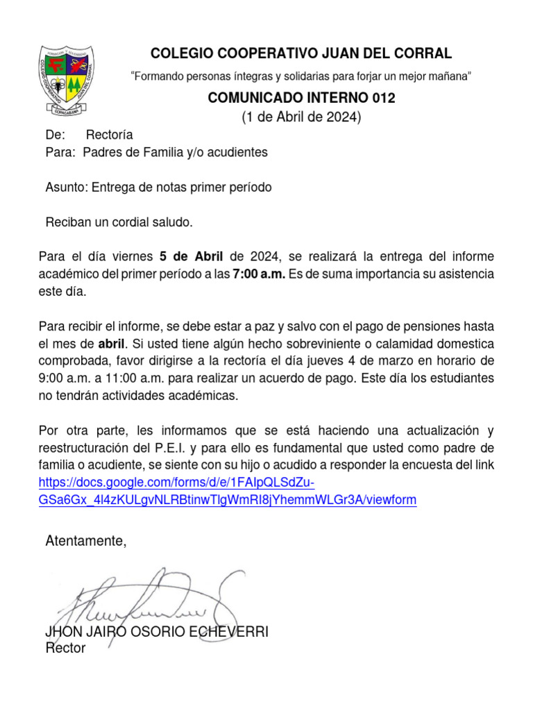 Comunicado Interno 012 Externo Entrega de Notas Primer Periodo. | PDF