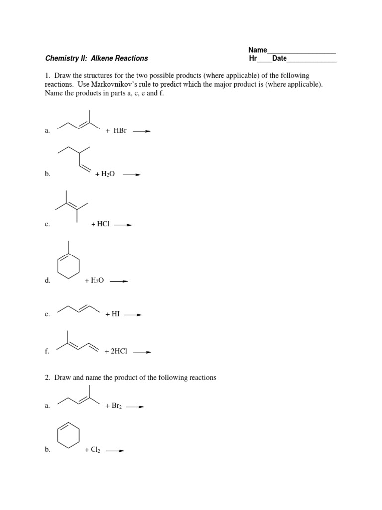 Worksheet #14 - Addition Reactions of Alkenes | PDF