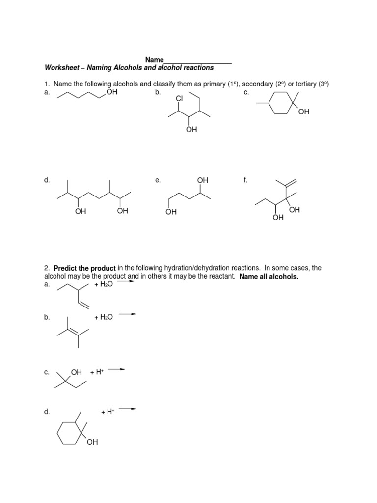 Worksheet #12 - Alcohol Nomenclature and Reactions | PDF | Foreign ...