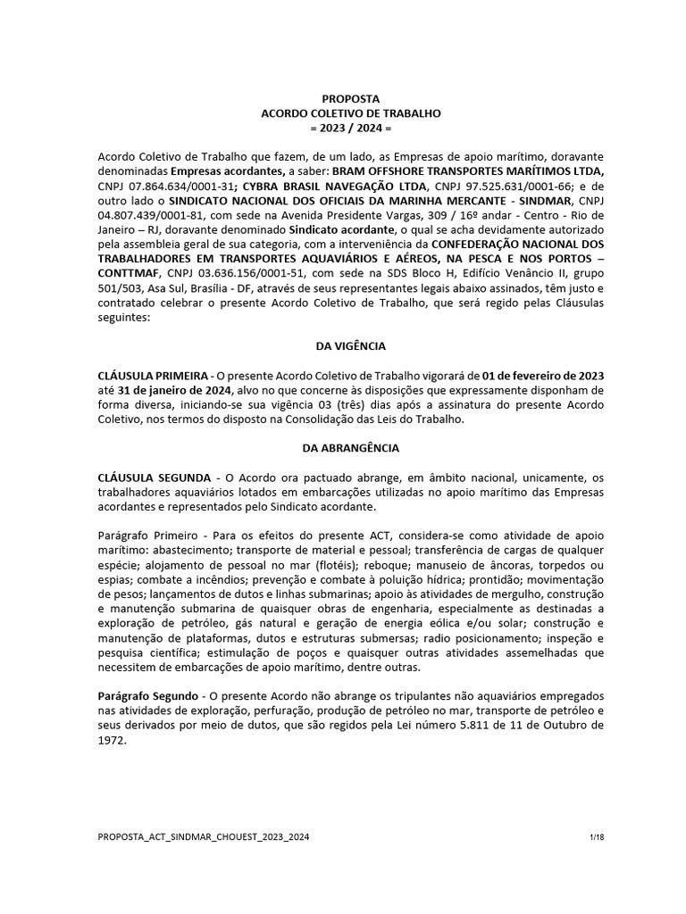 Proposta-Act Sindmar Chouest 2023 2024 Revfinal2 | PDF | Férias trabalhistas | Sindicato