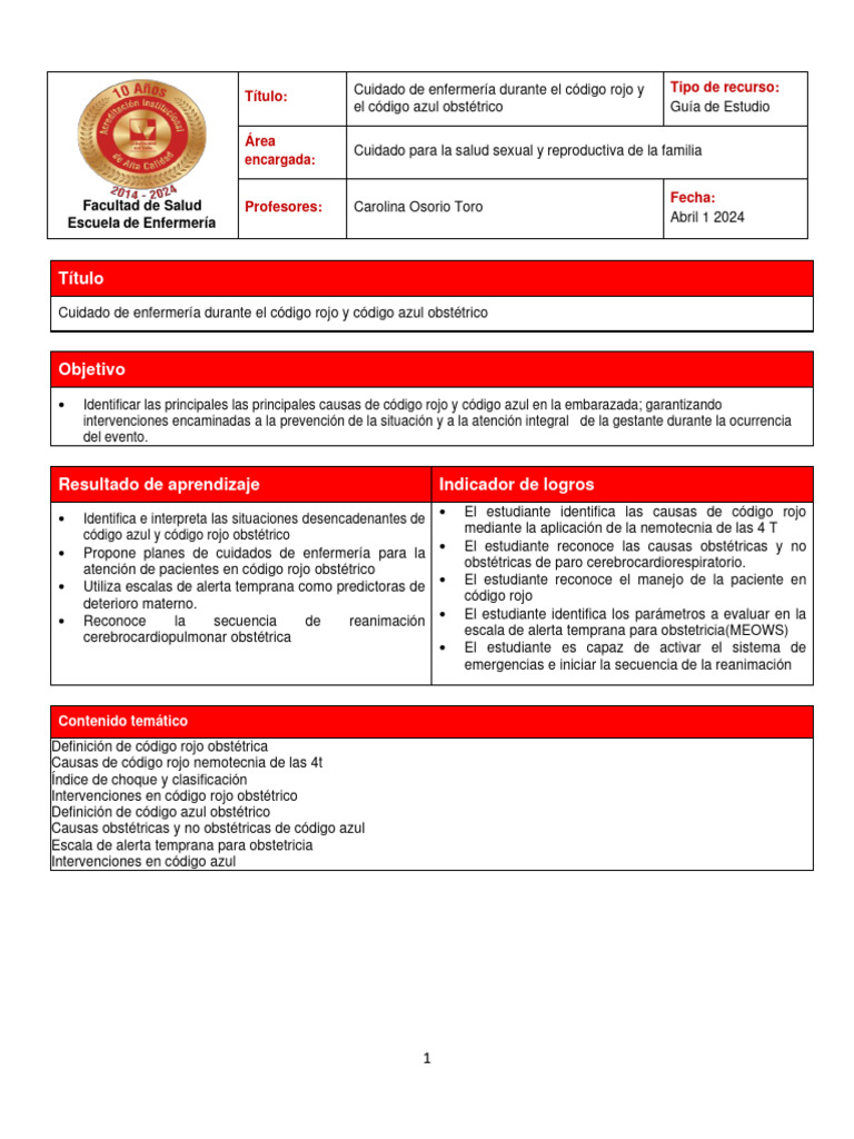 Guía Pedagógica Código Rojo y Código Azul Obstétrico | PDF | Partería ...