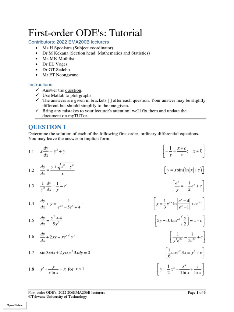 SU1 Tutorial | PDF | Ordinary Differential Equation | Mathematics
