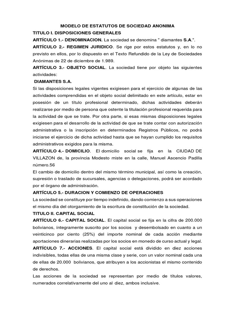 Modelo de Estatutos de Sociedad Anonima | Descargar gratis PDF ...