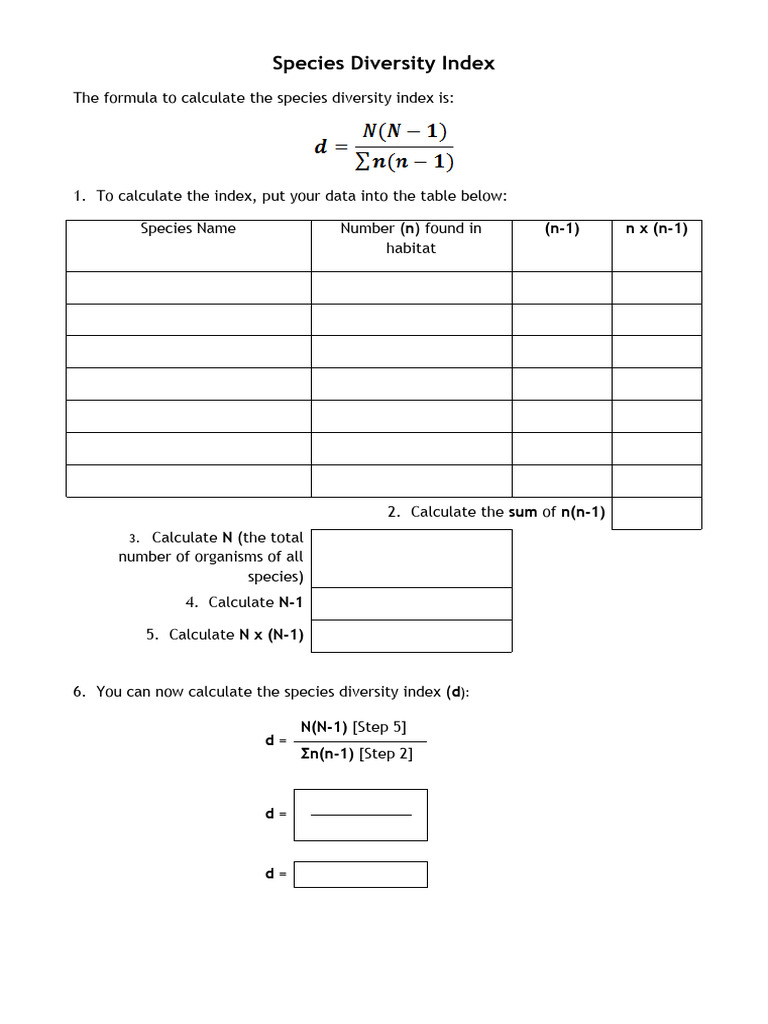 Species Diversity Index Calculation Worksheet PDF