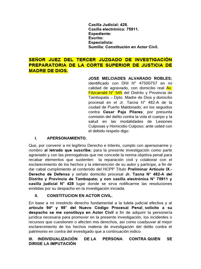 Modelo de Escrito de Constitucion de Actor Civil | PDF | Ley procesal ...