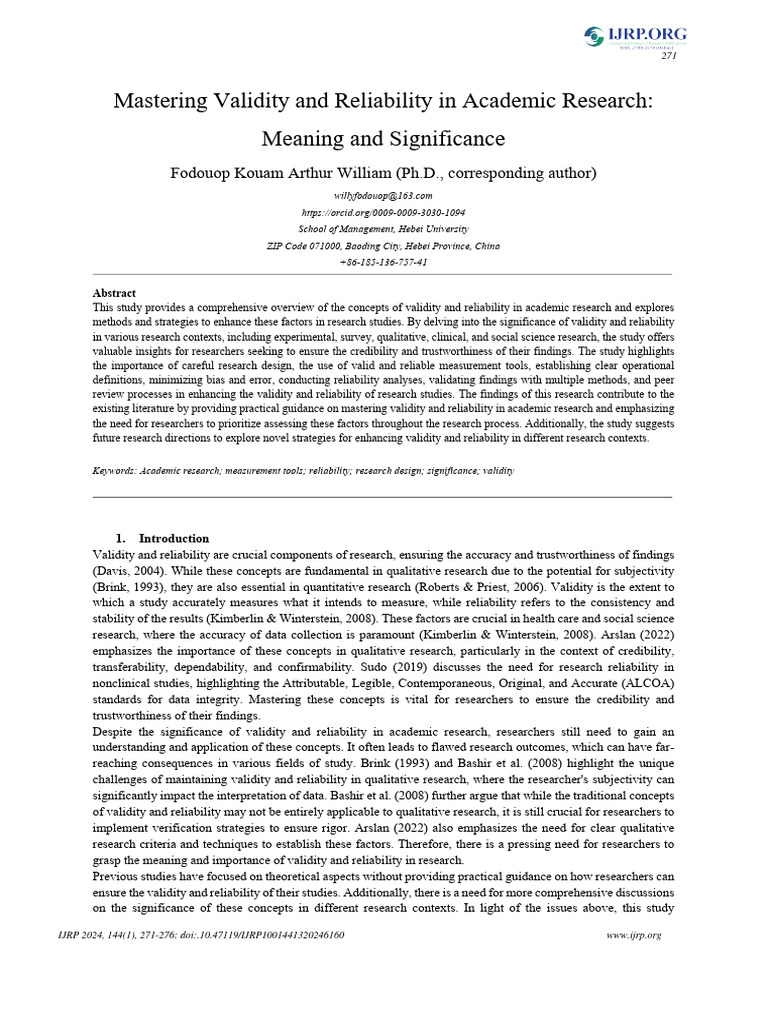 Mastering Validity and Reliability in Academic Research Meaning and Significance | PDF ...