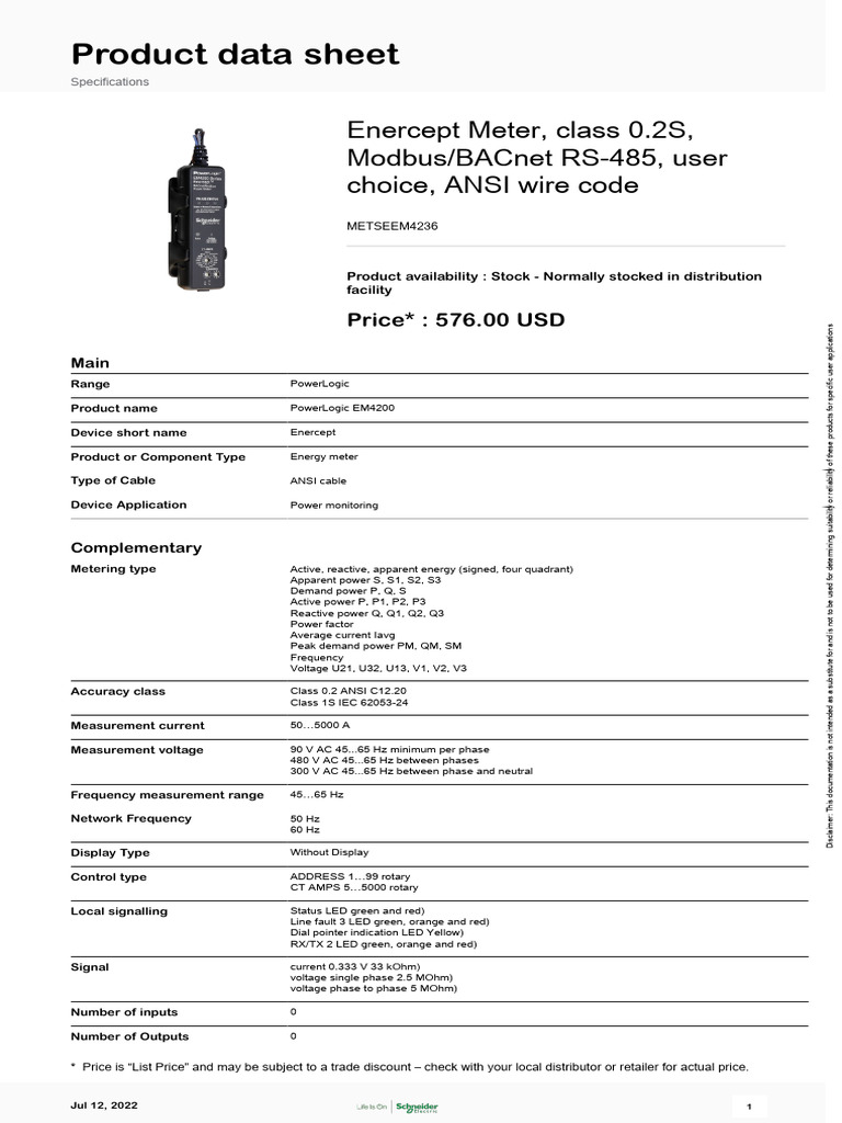 PowerLogic EM4200 Series Enercept - METSEEM4236 | PDF | Electrical ...