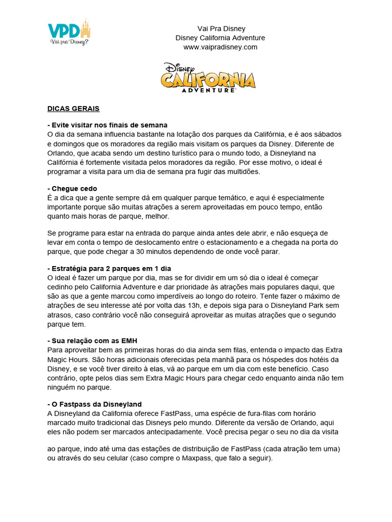 Roteiro Vai Pra Disney - Disney California Adventure | PDF | Disneyland