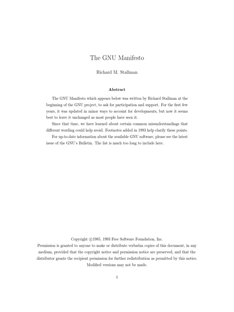 The GNU Manifesto: Richard M. Stallman | PDF | Free Software | Unix
