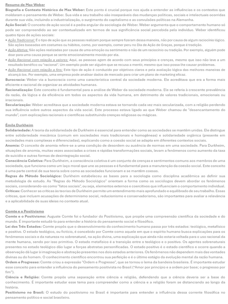 Resumo Max Weber Emile Comte | PDF | Émile Durkheim | Sociologia