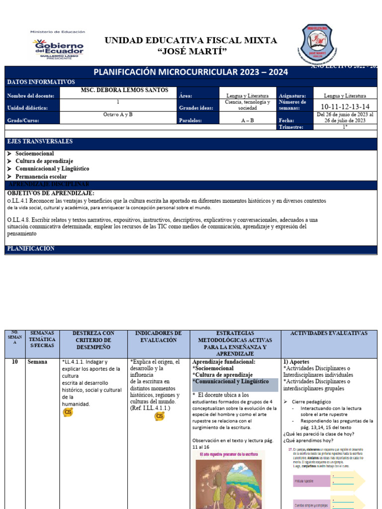 Planificacion 8vo Lenguaje | PDF | Aprendizaje | Maestros