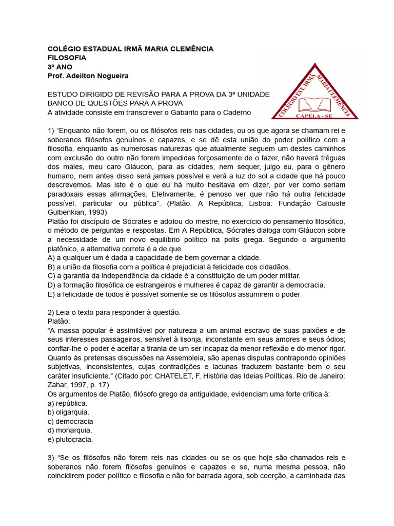 Banco de Questões 3º Ano - Undd 3 | PDF | Aristóteles | Estado