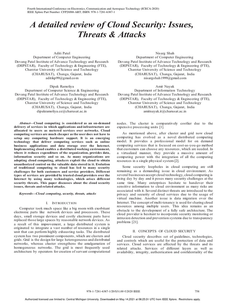 A Detailed Review Of Cloud Security Issues Threats And Attacks Pdf Cloud Computing Computer