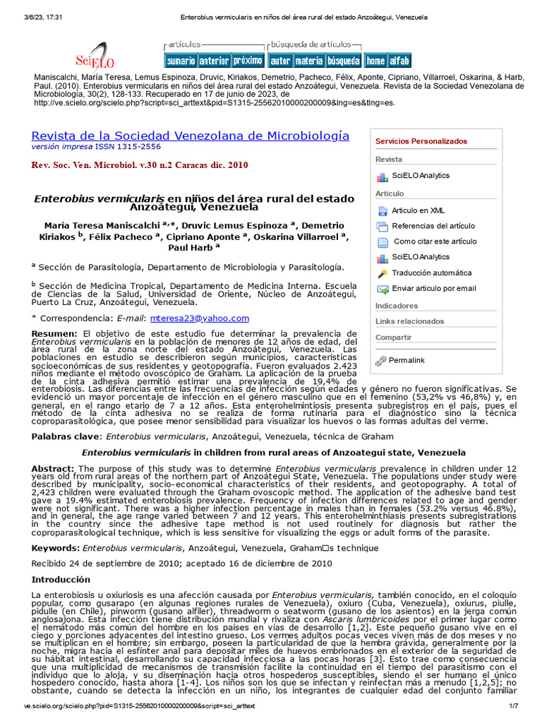 Enterobius Vermicularis en Niños Del Área Rural Del Estado Anzoátegui ...