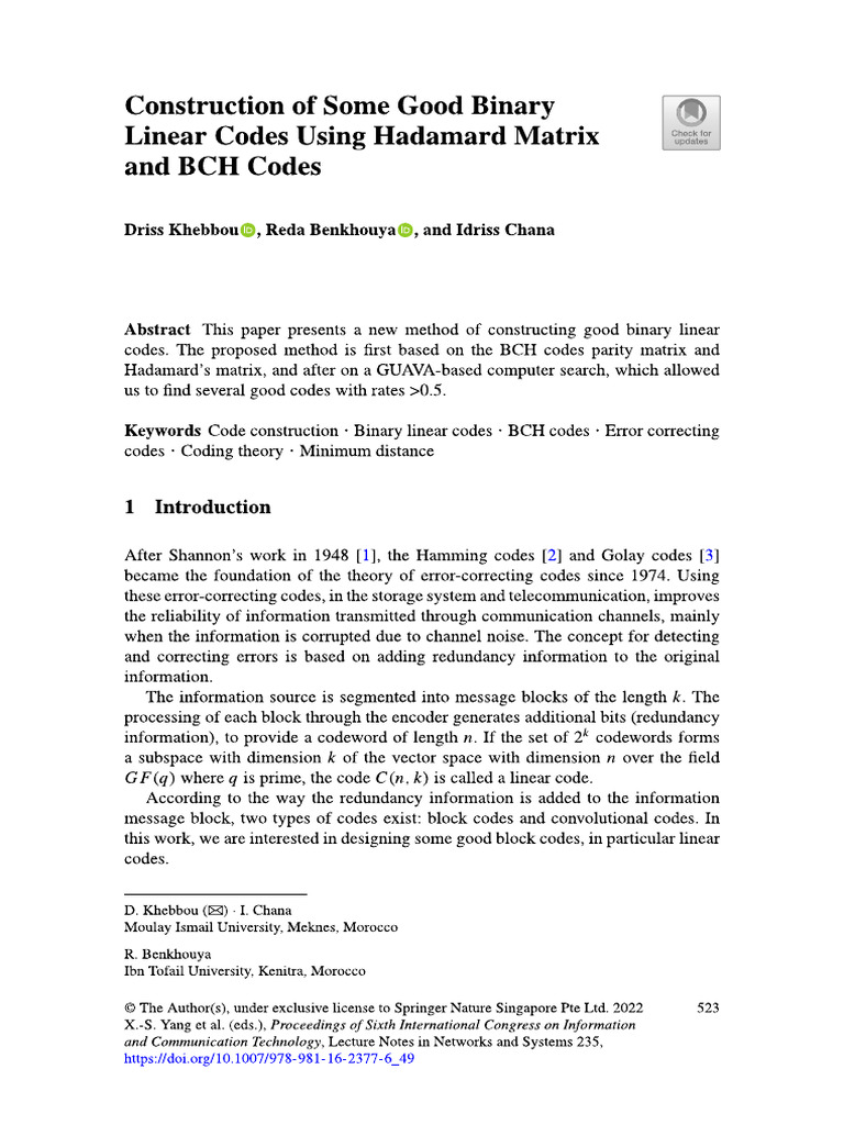 Chap 2022 Construction Of Some Good Binary Linear Codes Using Hadamard Matrix And Bch Codes