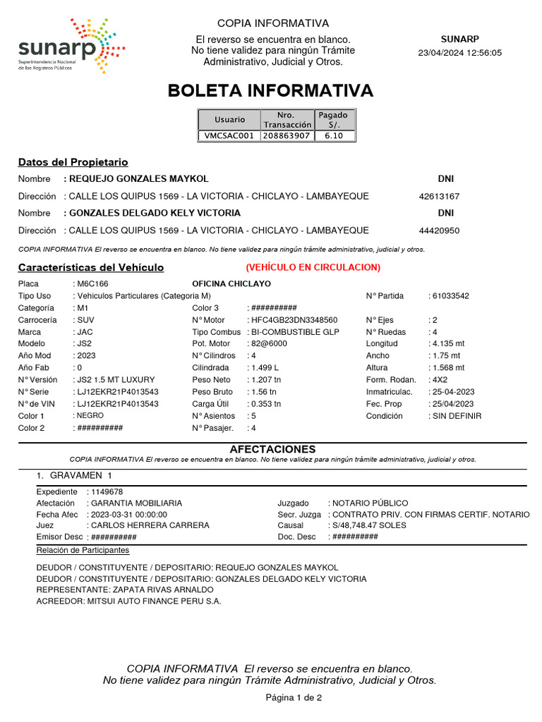Boleta Informativa de Vehículo JAC 2023 | PDF | Vehículo de motor ...