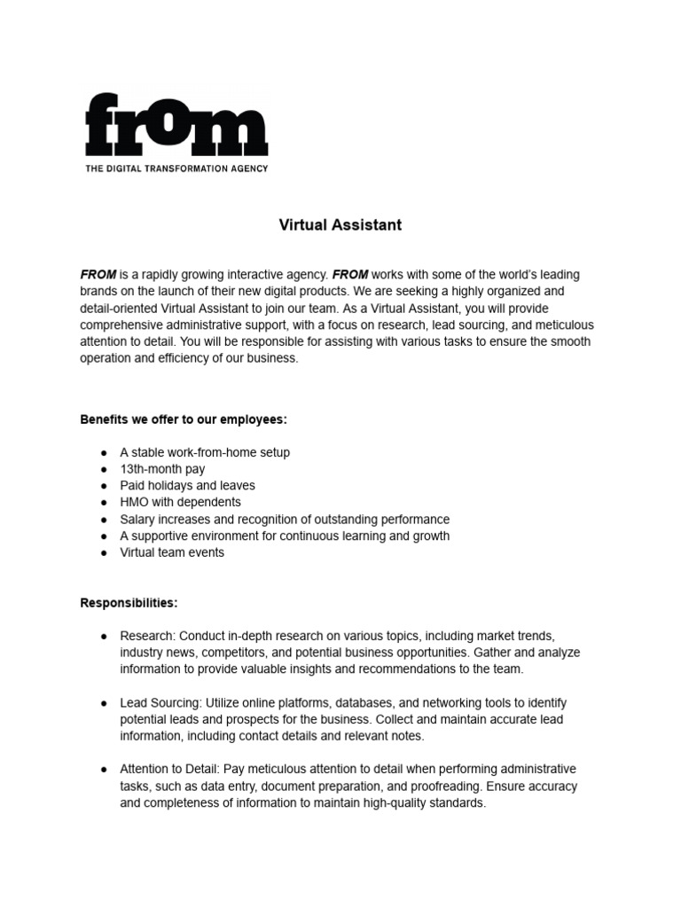 Virtual Assistant Job Description | PDF | Information | Business