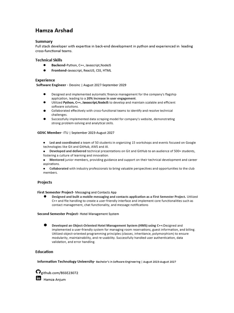 Hamza Arshad Resume | Download Free PDF | C++ | Usability