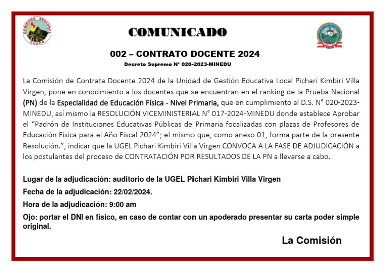 Comunicado 02 Contrata Docente 2024 | PDF