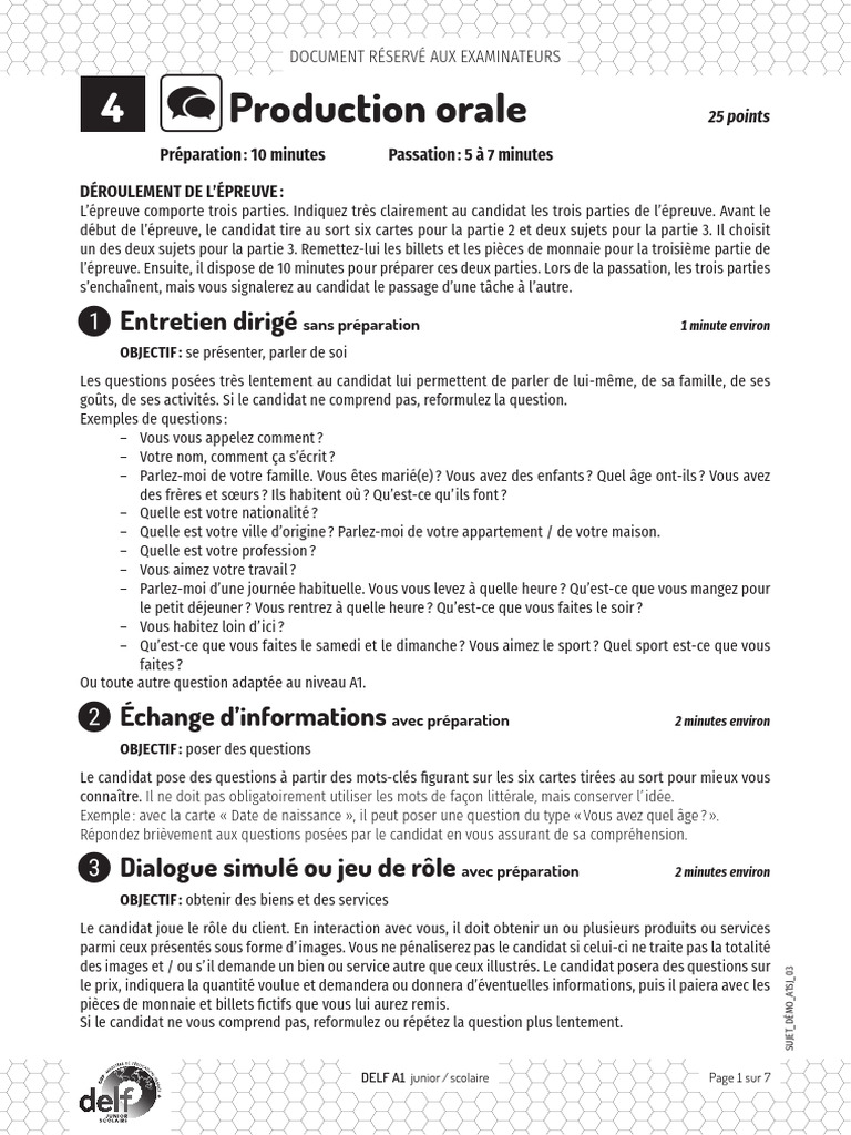 Épreuve de production orale DELF A1 Junior | PDF | euro | Restaurants